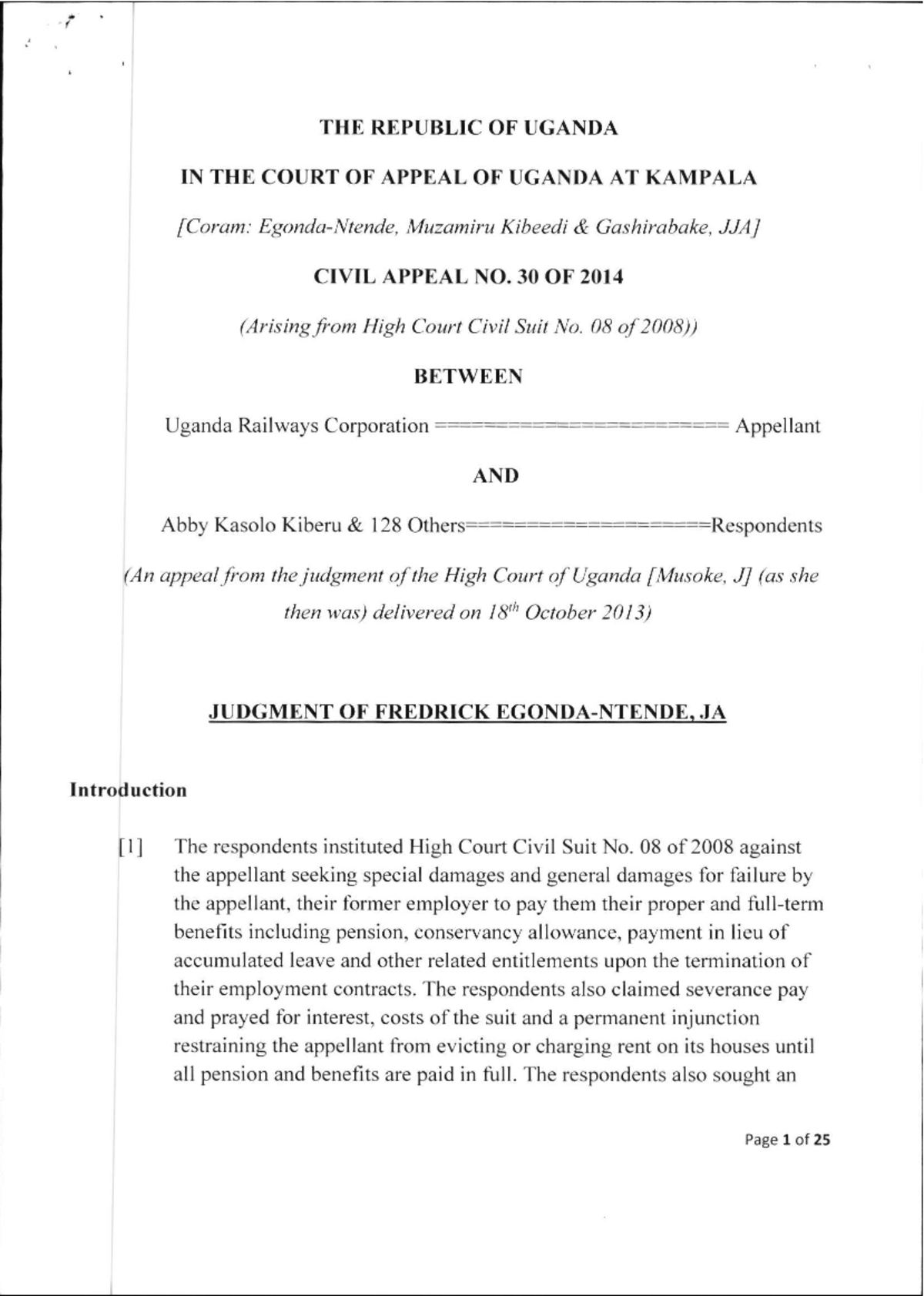 Uganda Railway Corporation v Kasolo Kiberu and 128 others: Civil appeal ...