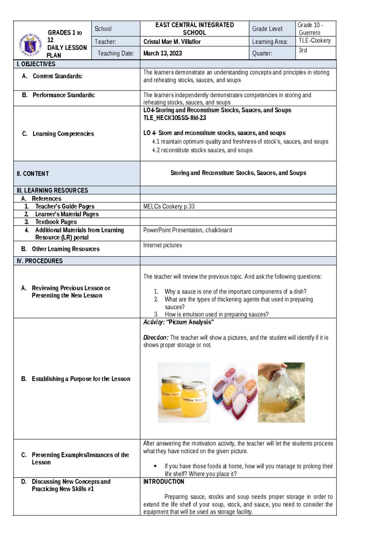 TLE-HECK10SSS-IIId: Storing & Reconstituting Stocks, Sauces, Soups ...