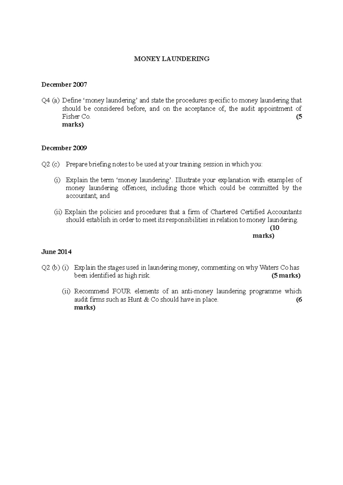 2. Money Laundering - ACCA AAA - MONEY LAUNDERING December 2007 Q4 (a ...