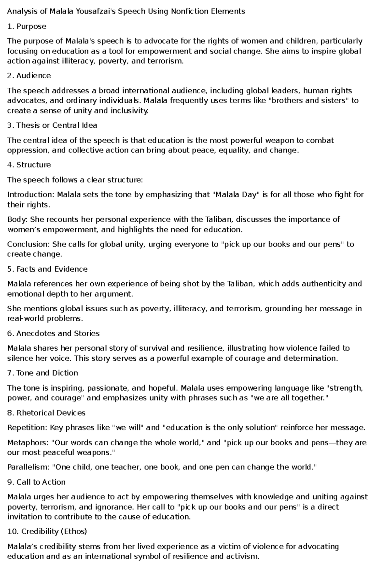 Analysis of Malala Yousafzai's Speech: Key Nonfiction Elements - Studocu