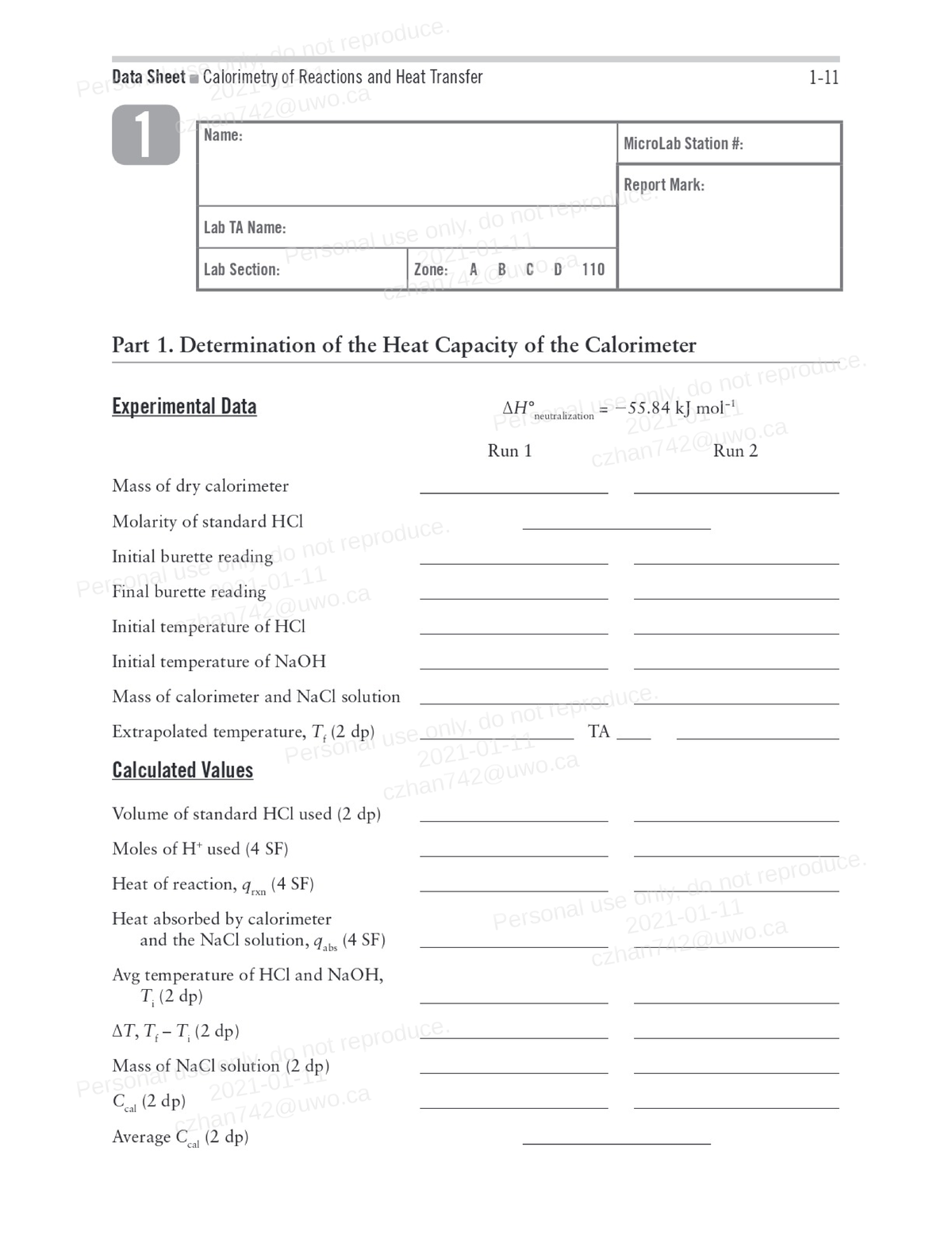 Chem1302Lab Worksheets - 1 Data Sheet Calorimetry of Reactions and Heat ...