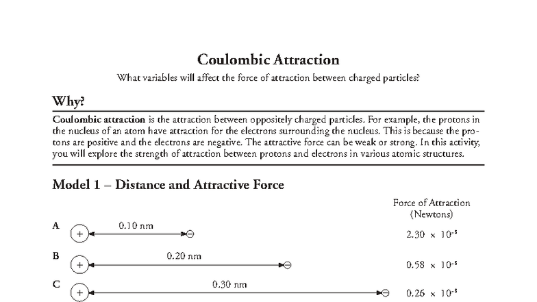 Coulombic Attraction POGIL: Exploring Forces Between Charged Particles ...