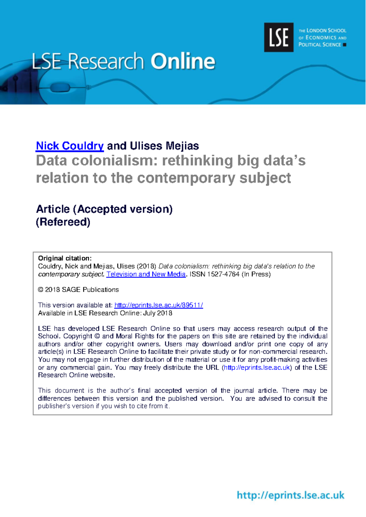 Data Colonialism: Analyzing Big Data's Role in Today's Society - Studocu