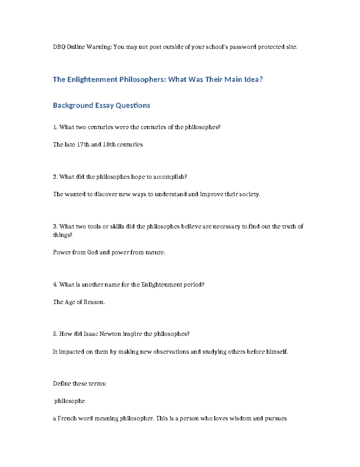 Enlightenment Philosophers' Main Ideas: DBQ Study Guide - Studocu