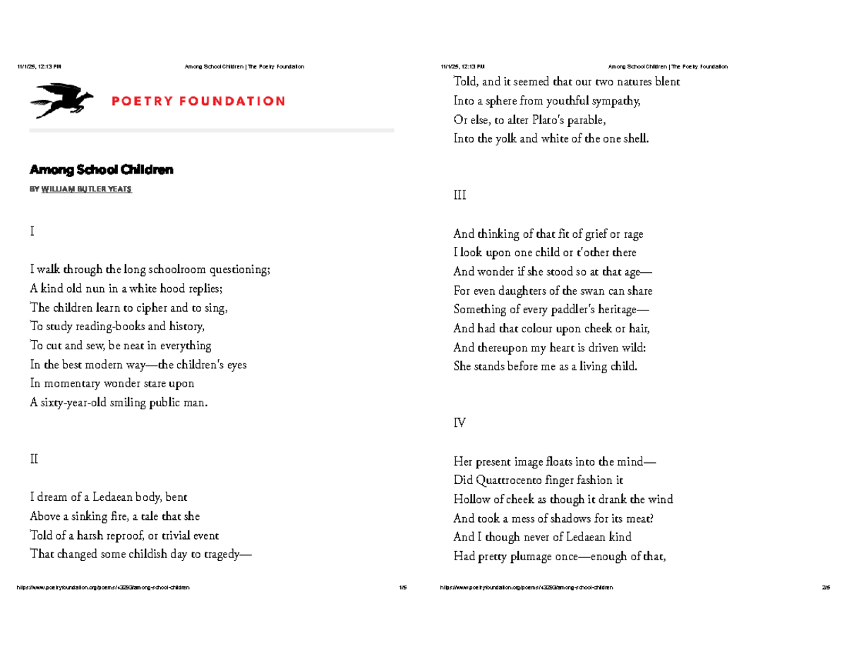Among School Children: Analysis of Yeats' Poem (ENG 101) - Studocu