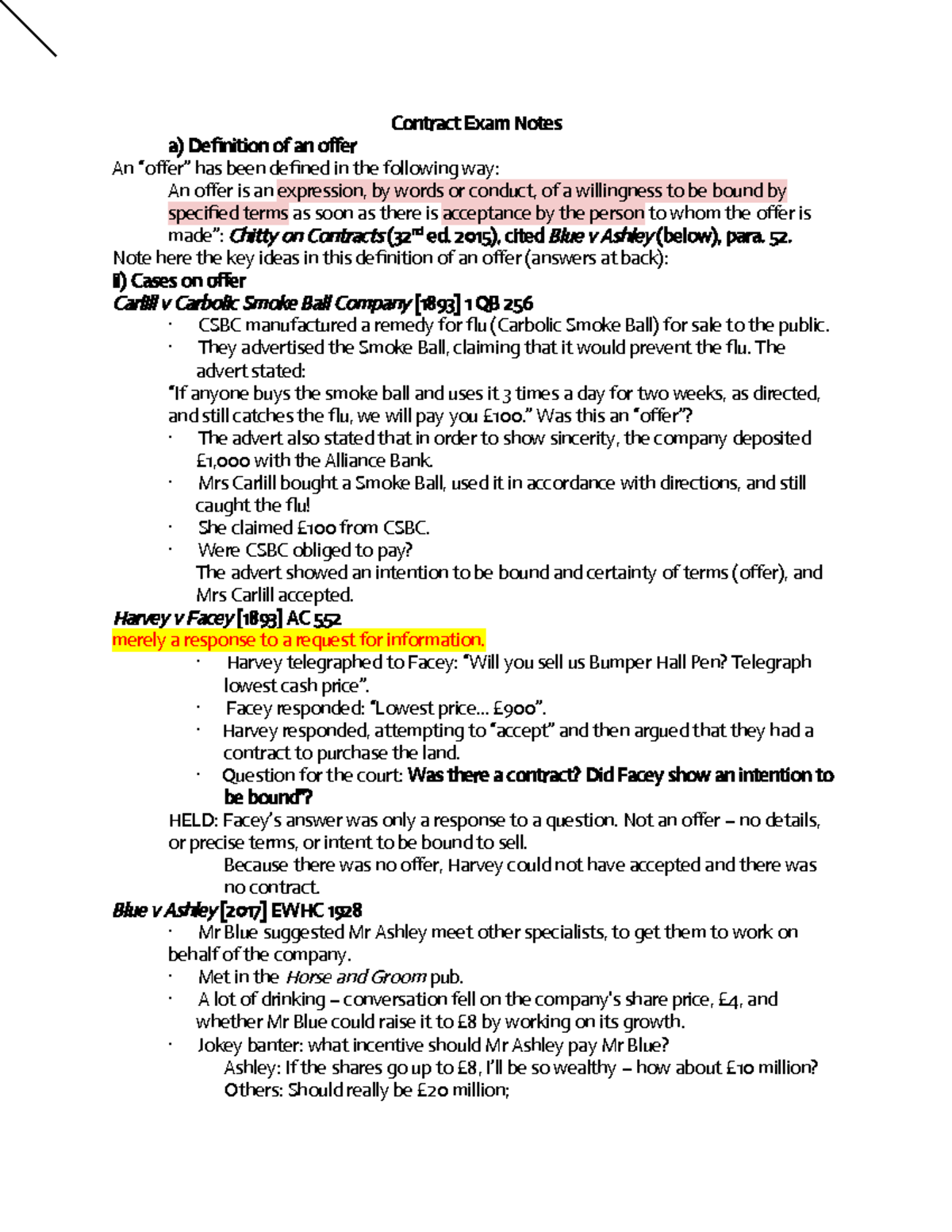Contract Law Exam Notes: Understanding Offers and Mistakes - Studocu