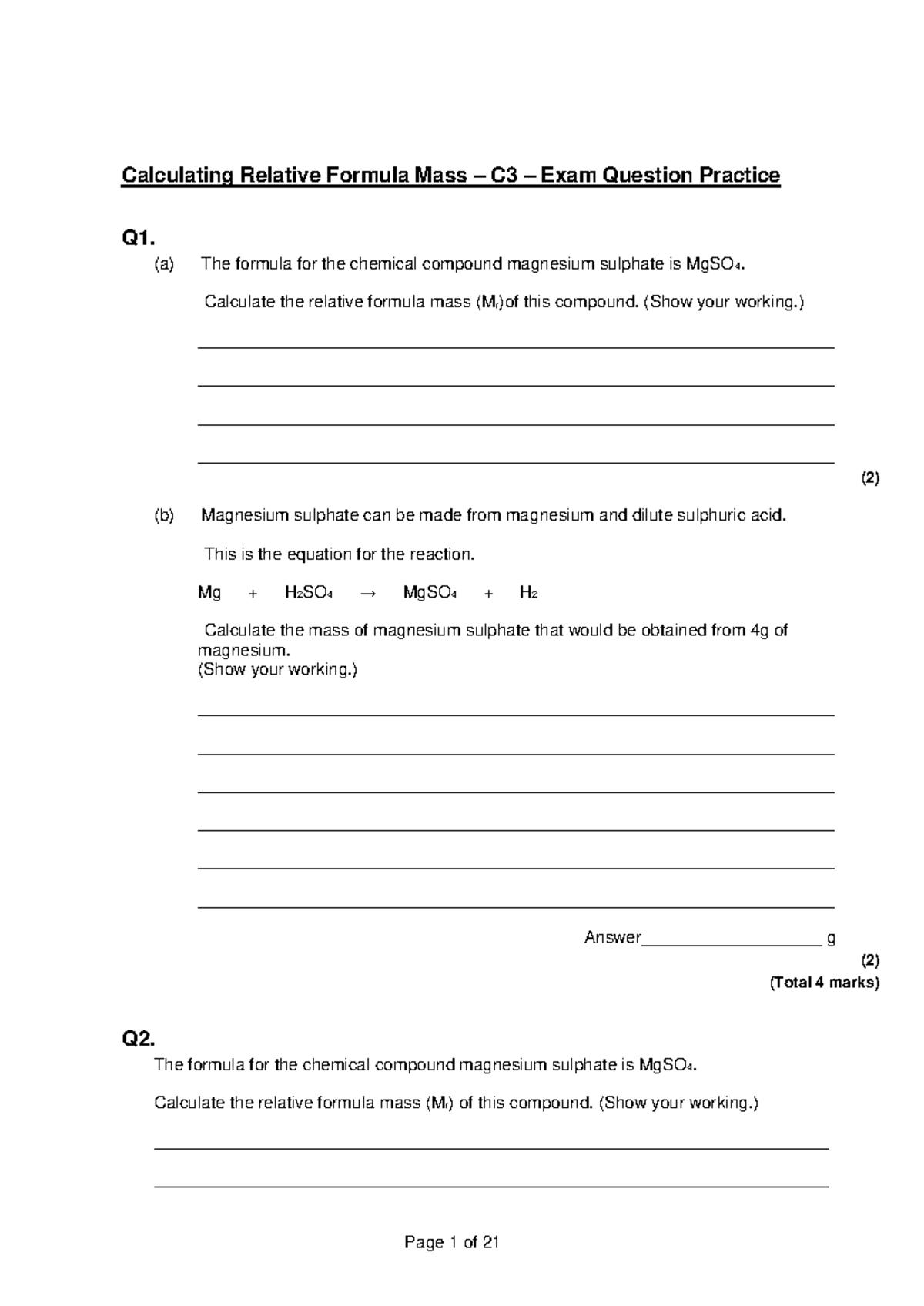 C3 Calculating Relative Formula Mass Exam Questions Practice - Studocu