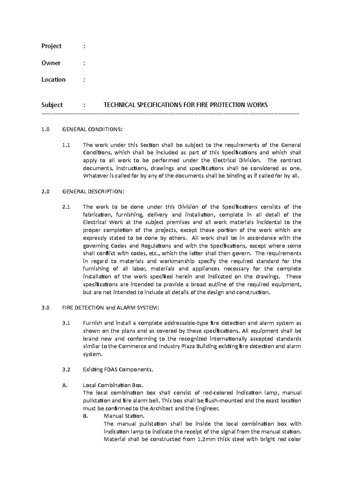 Specs FOR FDAS - GENERAL SPECIFICATION - Project : Owner : Location : Subject : TECHNICAL - Studocu