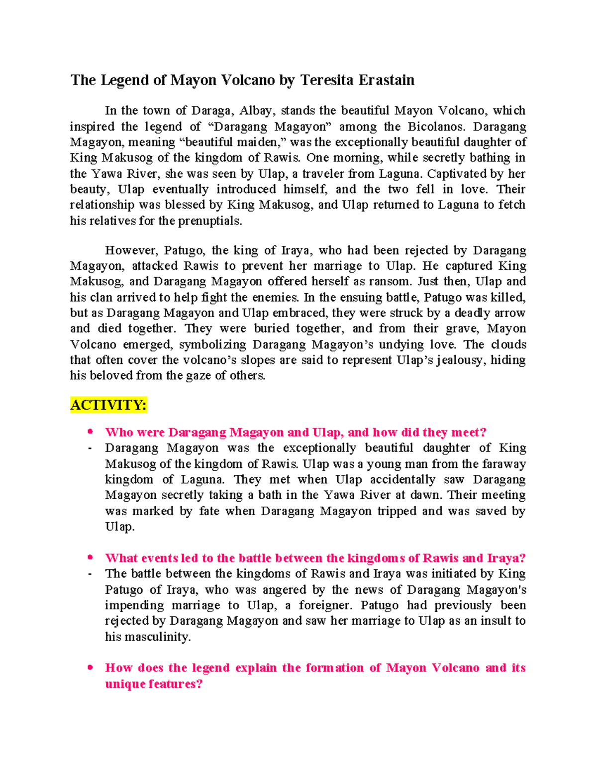 Summarization of "The Legend of Mayon" - Key Events and Characters ...
