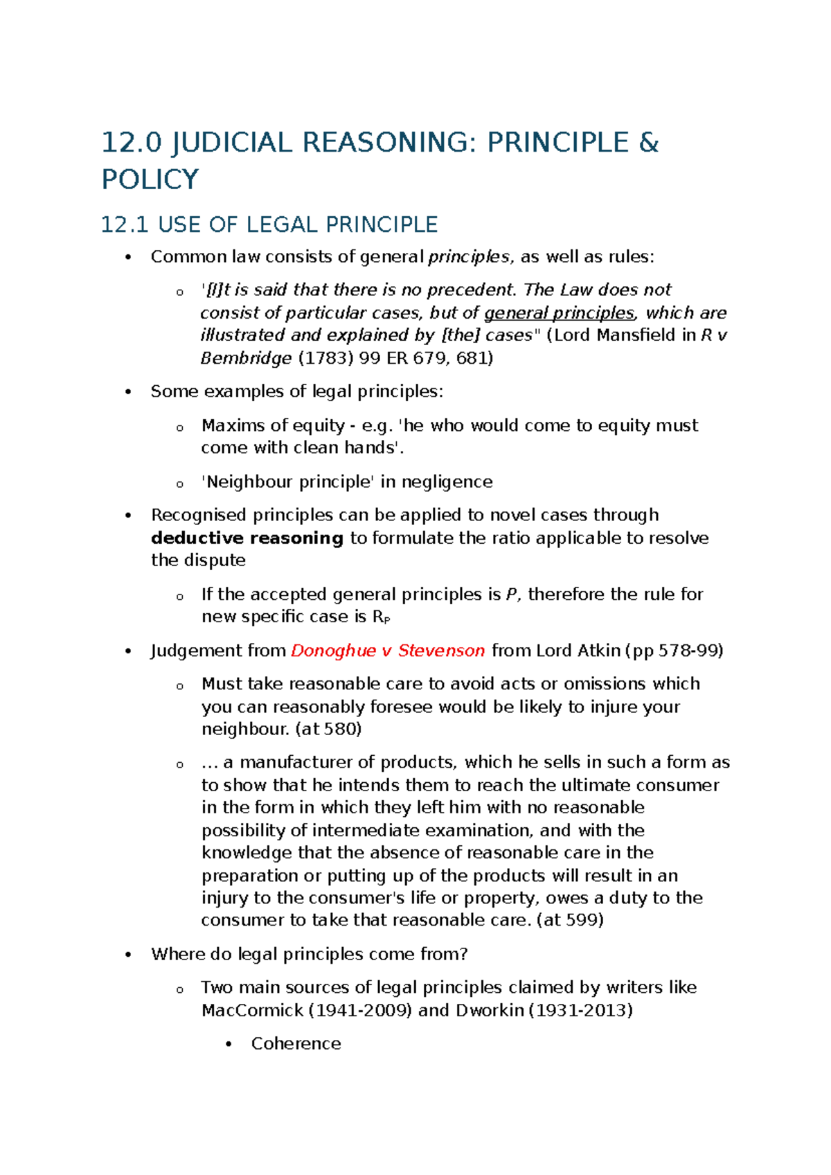 101 Intro 12 - Judicial Reasoning & Legal Principles Overview - Studocu