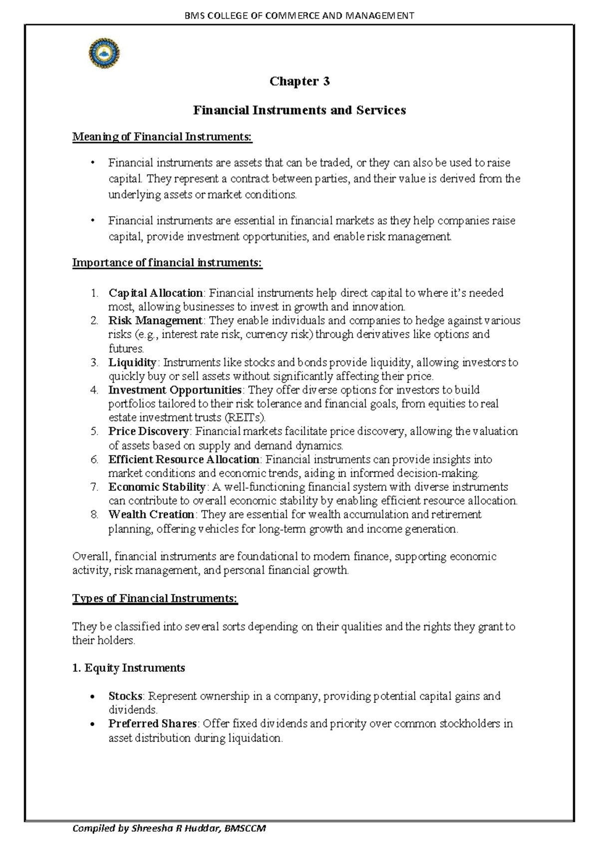 BMSCCM Chapter 3: Financial Instruments and Services Overview - Studocu