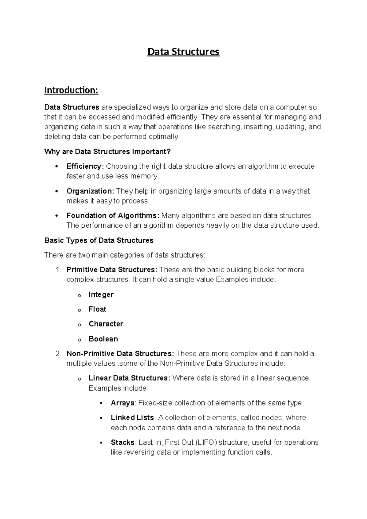 Data Structures (CS101) - Comprehensive Notes on Basics and Types - Studocu