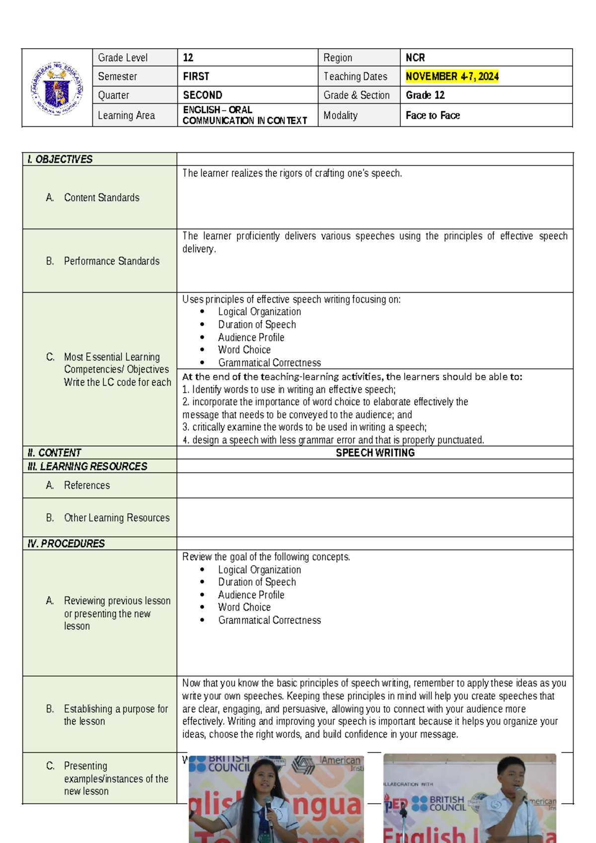 Q2 ENG 12 Speech Writing Lesson Plan and Objectives - Studocu