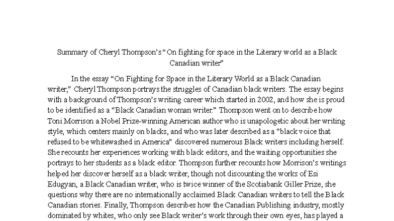ENG Assignment 2: Cheryl Thompson's Fight for Space in Canadian ...