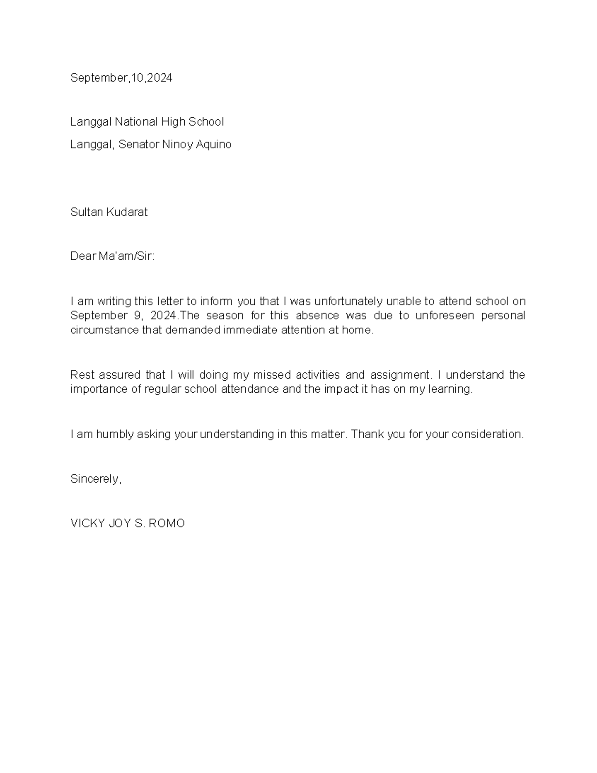 Absence Notification Letter - Langgal National High School - Studocu