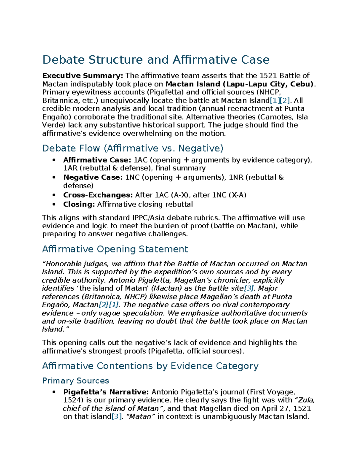 Debate Structure and Affirmative Case on Mactan Island (HIST 1521 ...