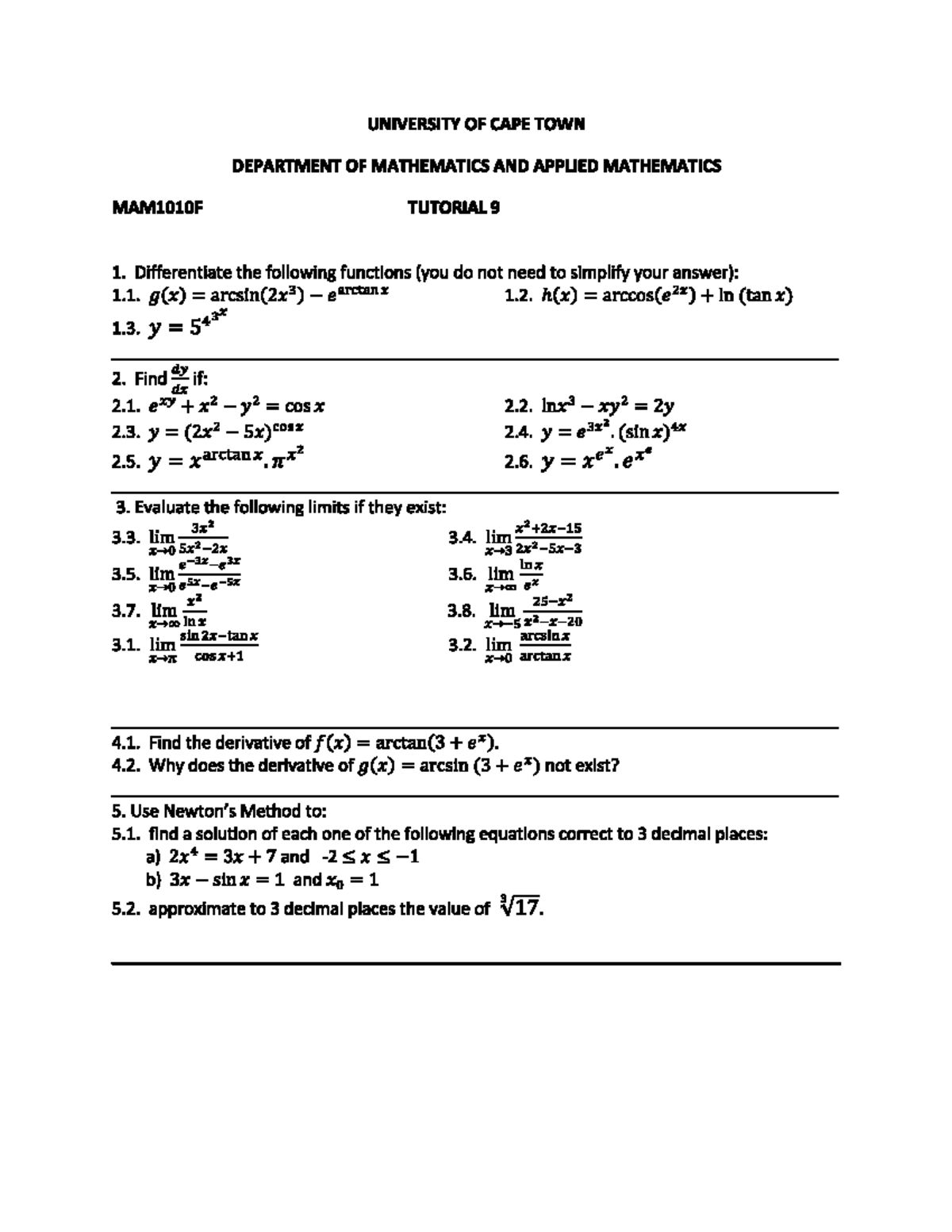 MAM1010F Tutorial 9: Differentiation and Limits - Studocu