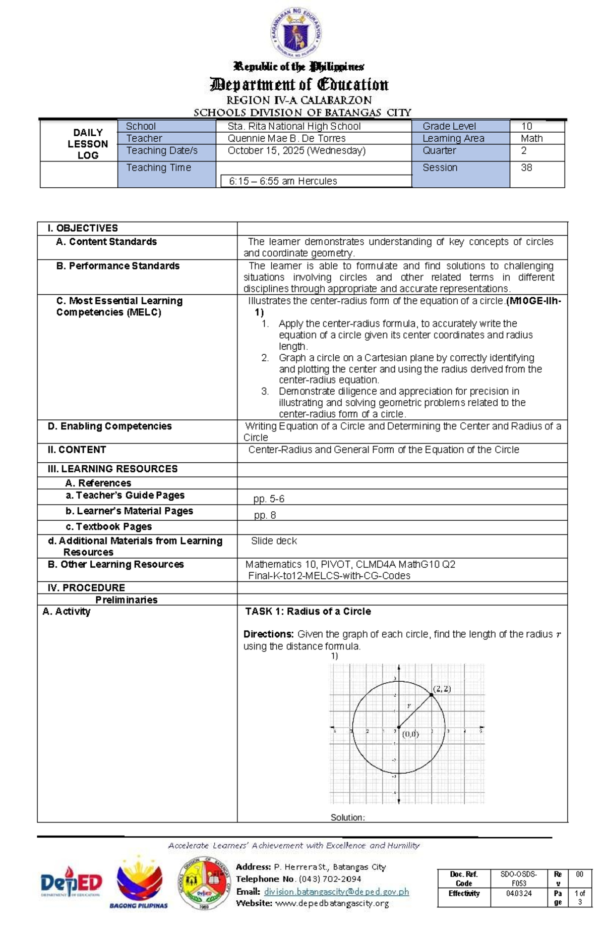 DAILY LESSON LOG: Math 10 - Writing Equations of Circles - Studocu