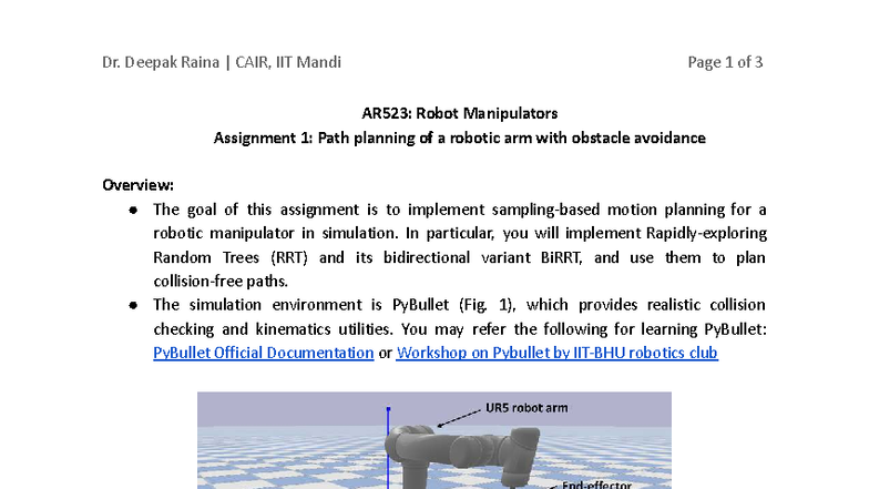 AR523: Robot Manipulators Assignment 1 - Path Planning & Obstacle ...