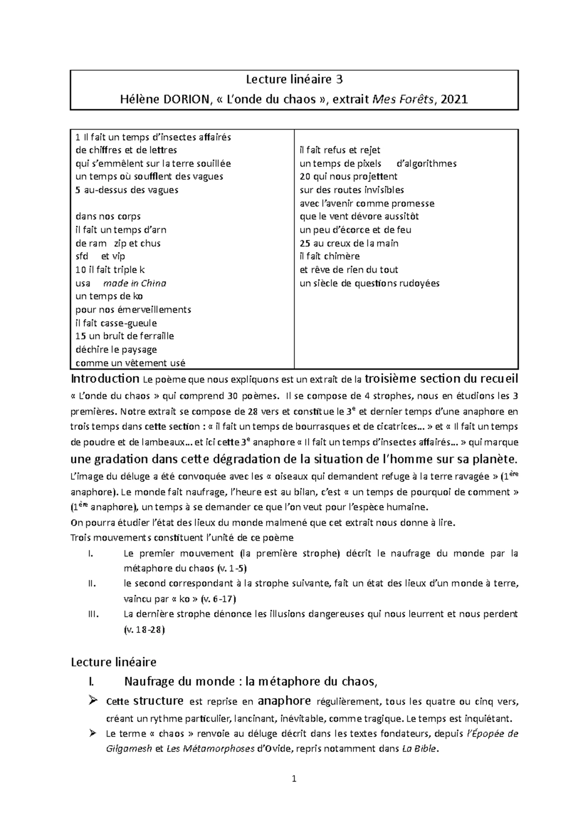 Lecture linéaire 3 de L’onde du chaos par Hélène Dorion - Analyse ...