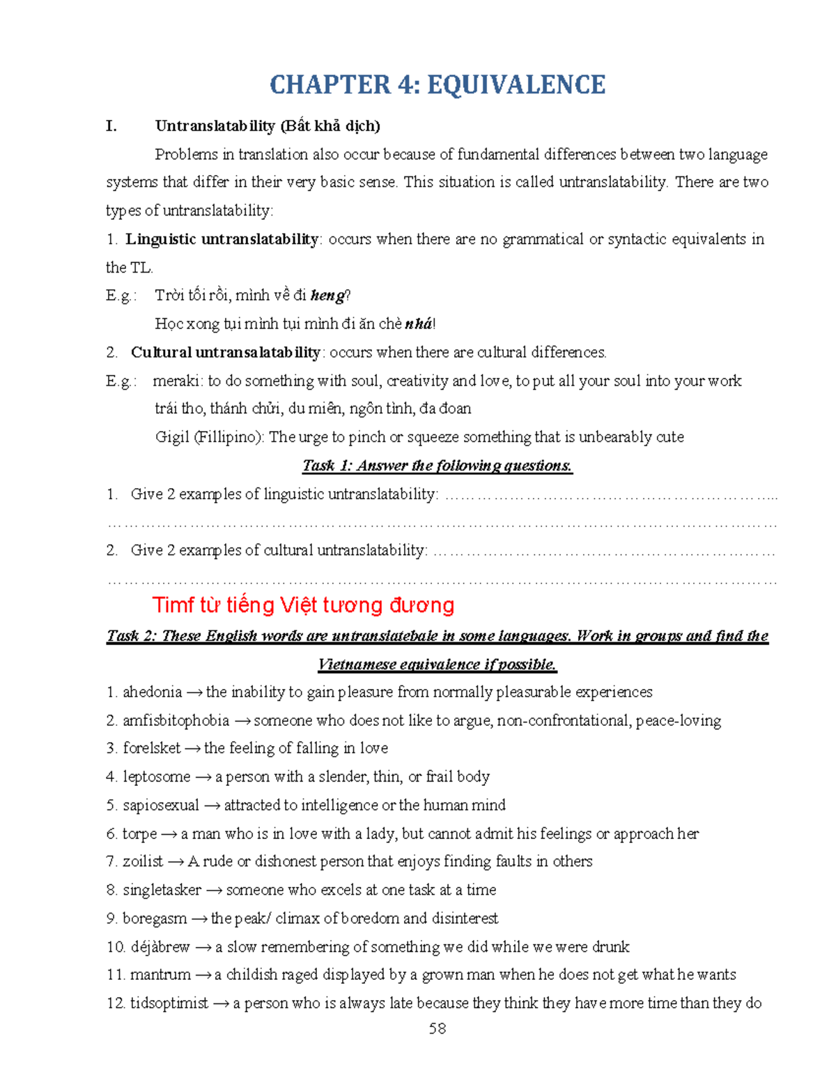 CHAPTER 4: EQUIVALENCE I - Untranslatability & Gain/Loss in Translation ...