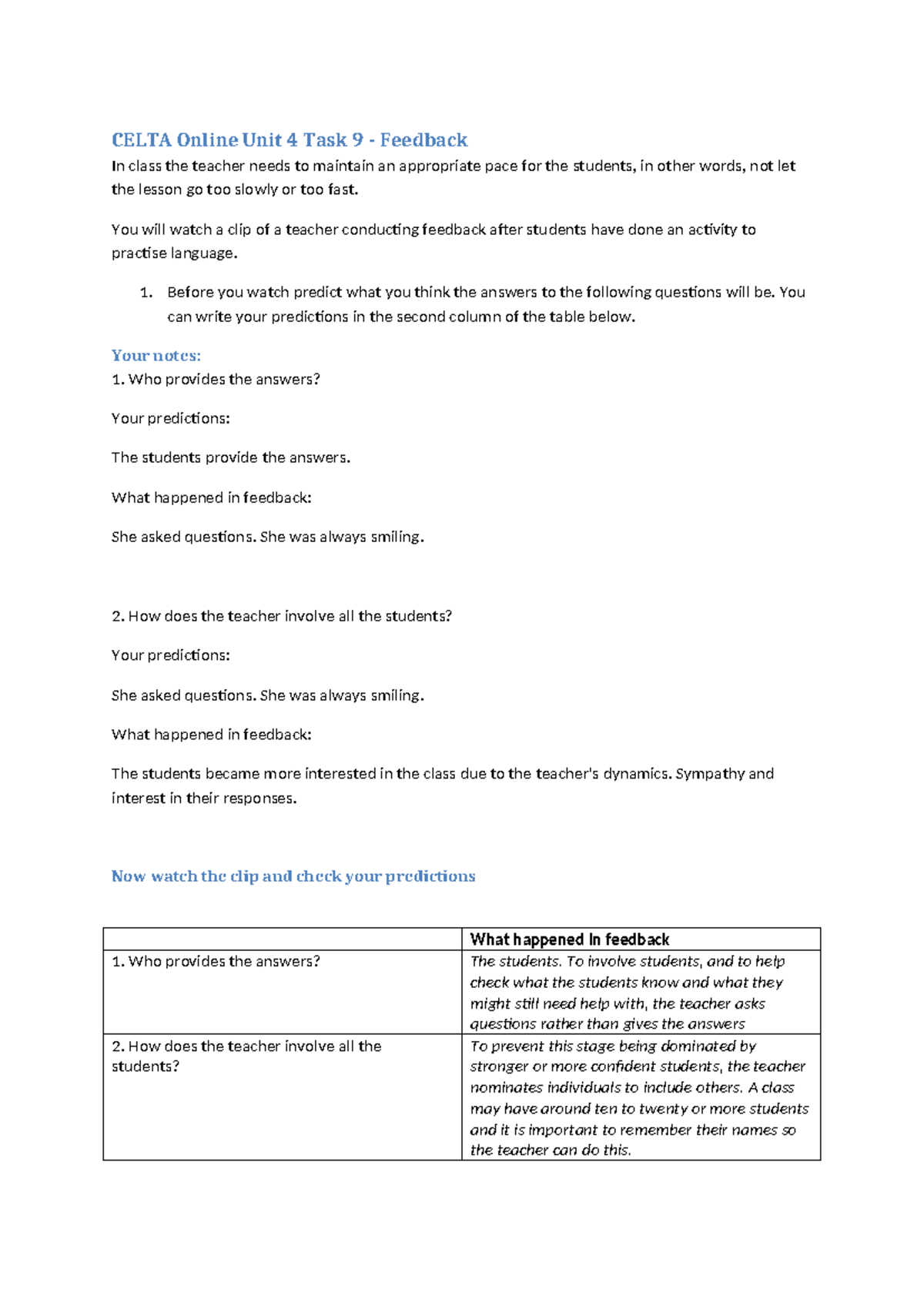 CELTA Online Unit 4 Task 9 - Teacher Feedback Strategies - Studocu