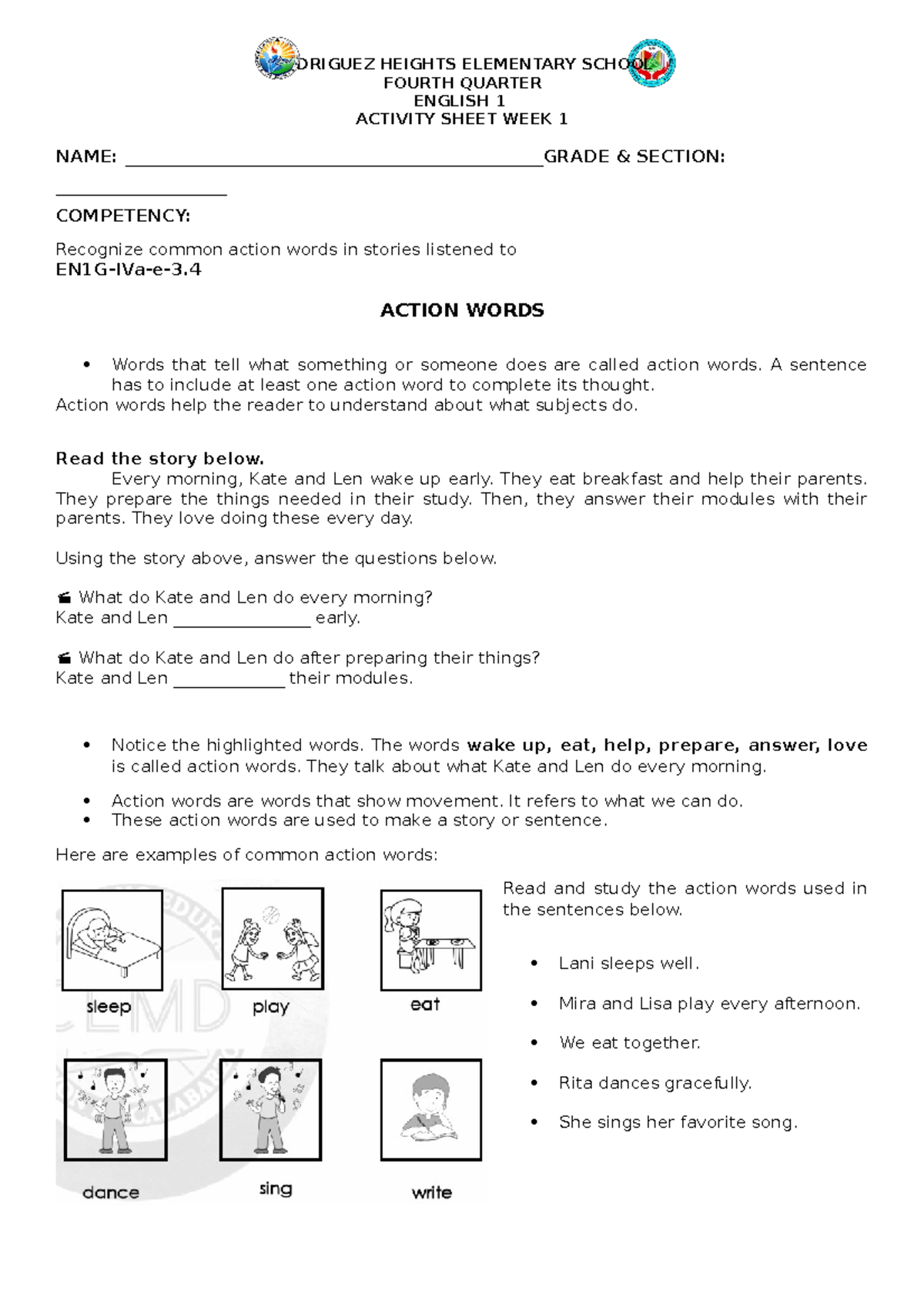 Week 1 Activity Sheet for EN1G-IVa-e-3: Action Words - Studocu