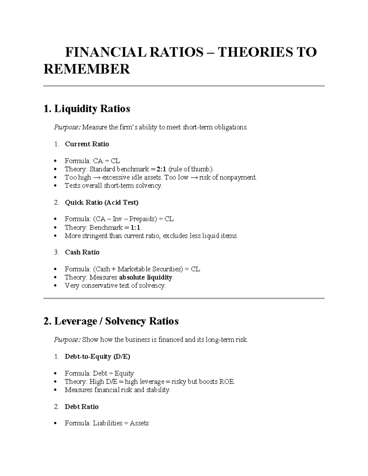 FIN 101: Key Financial Ratios and Theories to Remember - Studocu