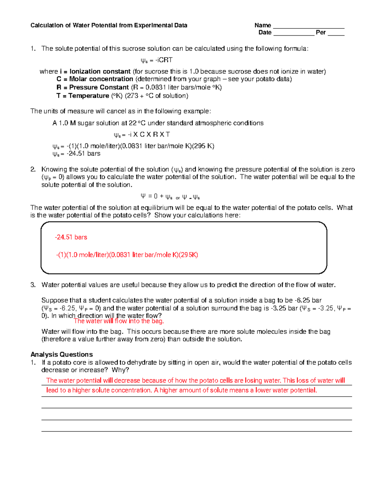 Calculating Water Potential: Worksheet for Kami Export - 2012 Edition ...