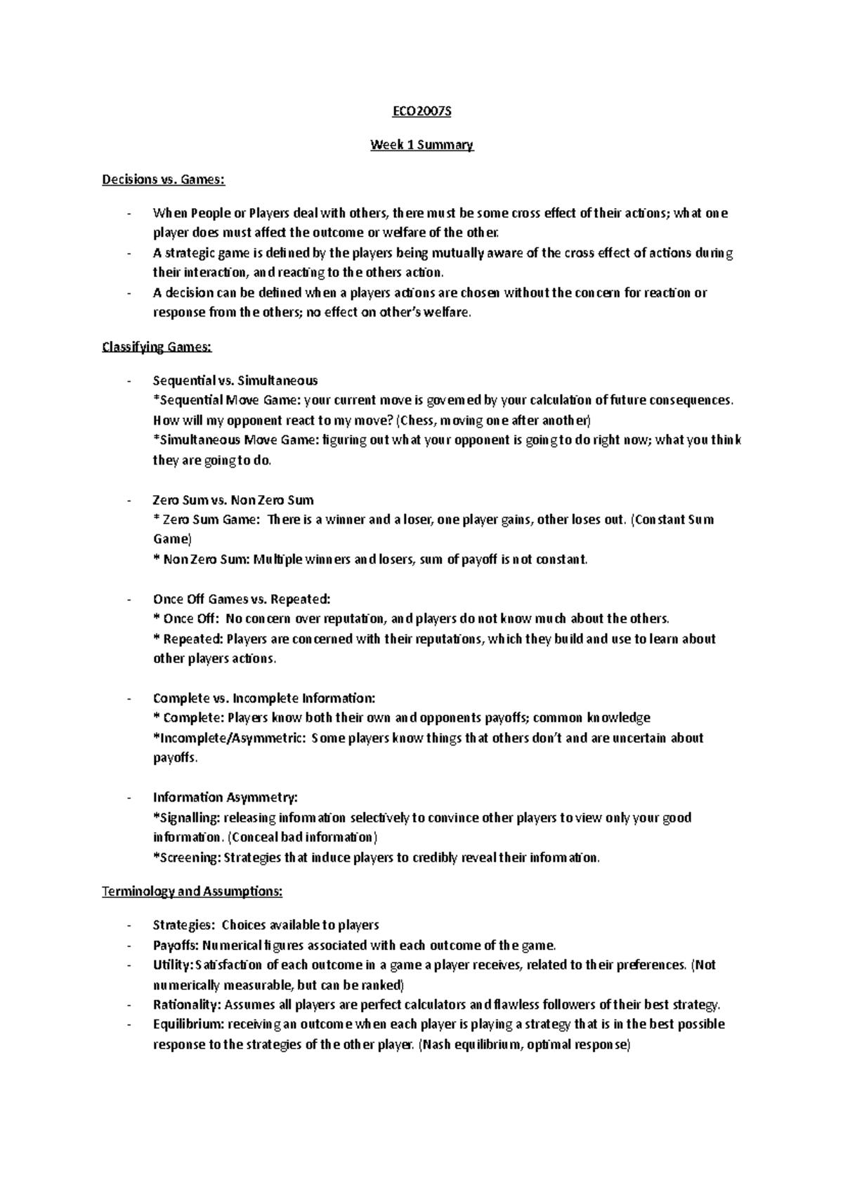 Week+1 - Lecture notes 1 - ECO2007S Week 1 Summary Decisions vs. Games ...