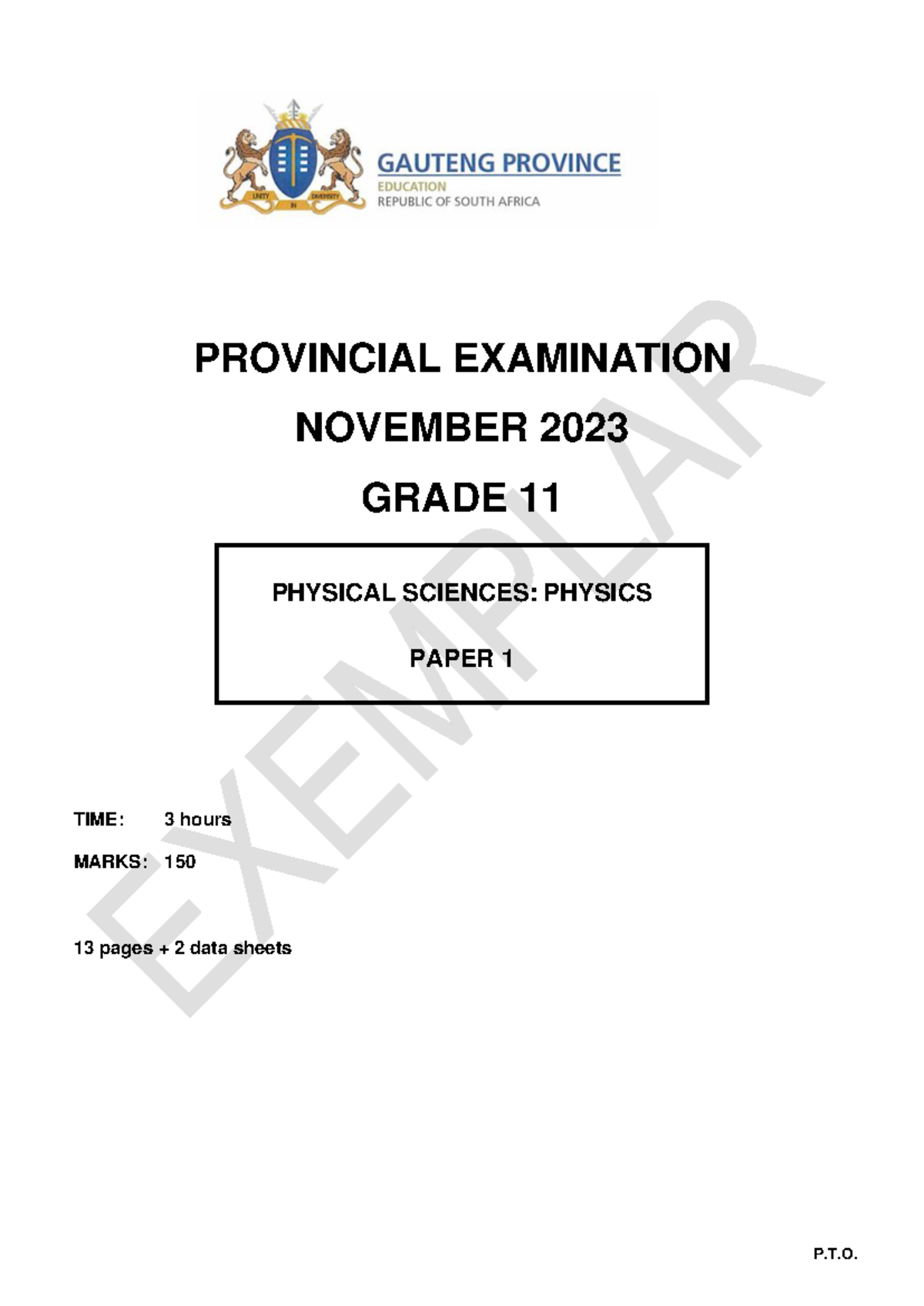 Grade 11 Physical Sciences P1 November 2023 Question Paper - Studocu