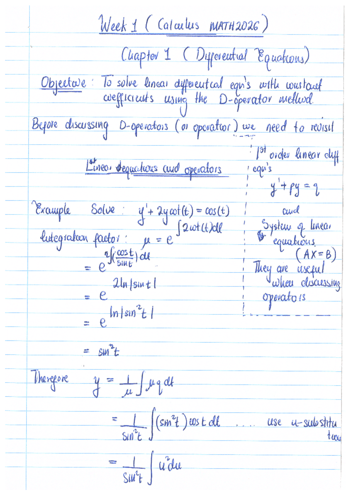 Week 1 - Lecture Notes on Differential Equations (MATH2026) - Studocu
