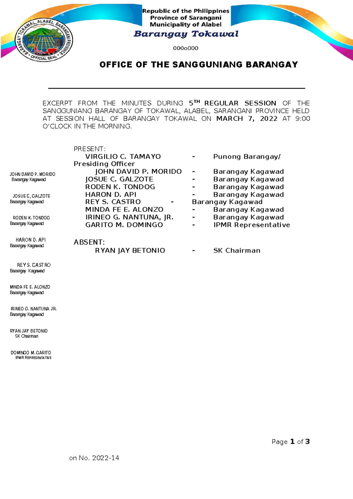 Resolution No. 2022-14: 3-Year Barangay Development Plan Approval - Studocu