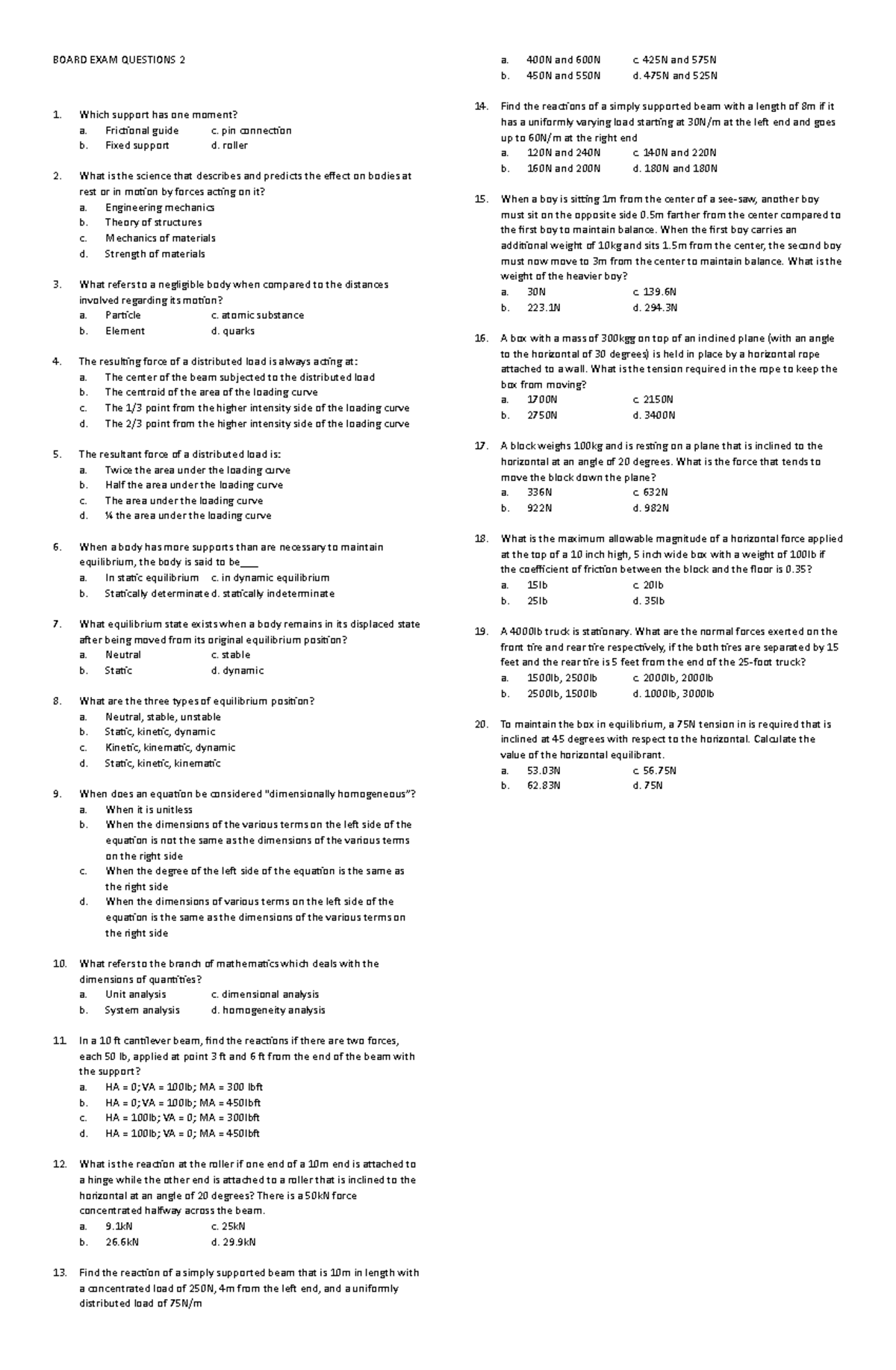 BEQ 2 - Board Exam Questions on Mechanics and Equilibrium - Studocu