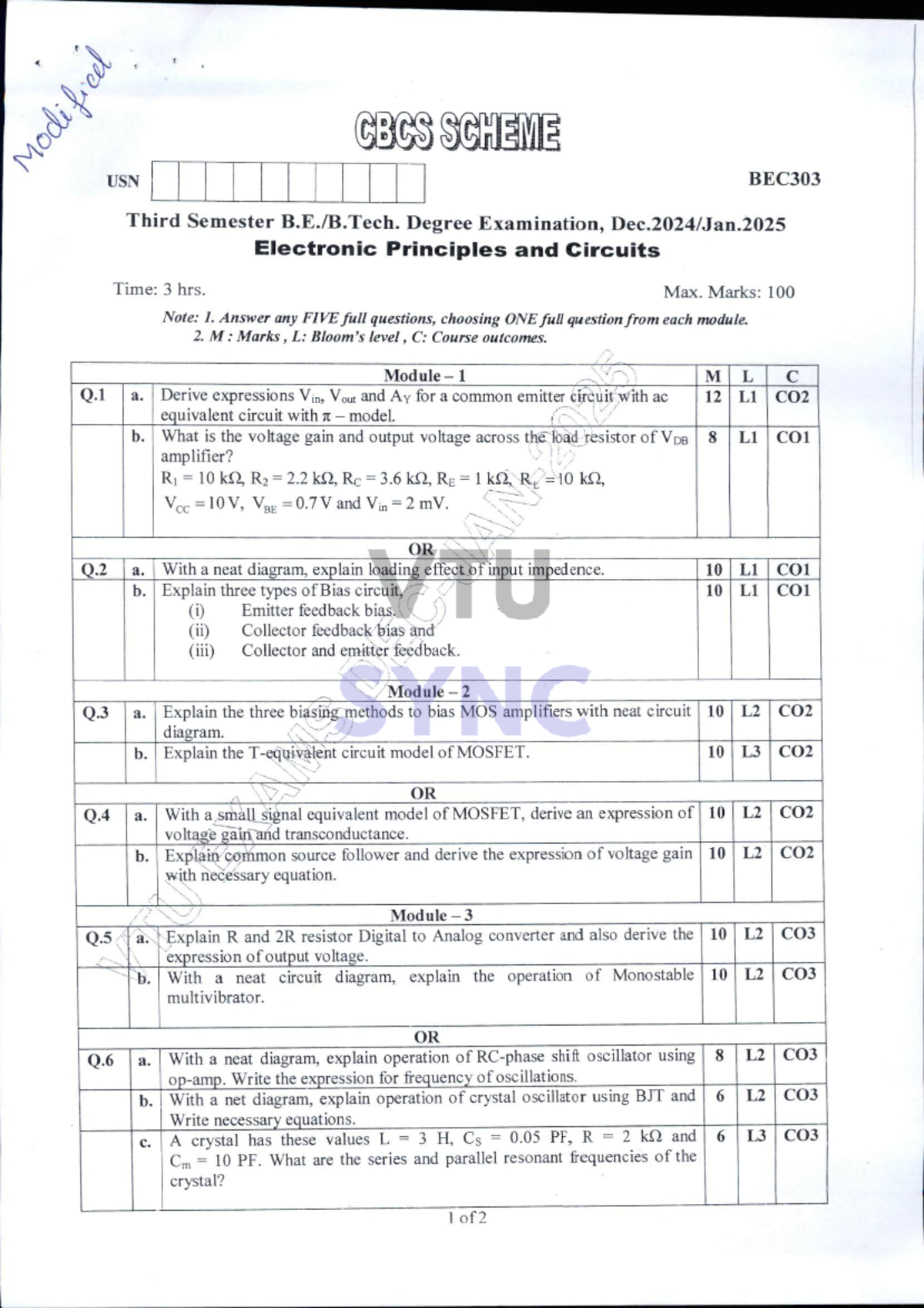 Model Question Paper for BEC303: Electronic Principles & Circuits - Studocu
