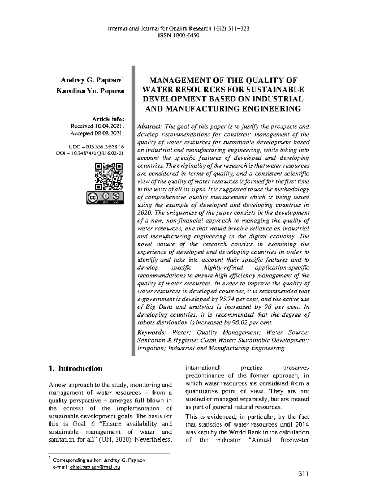 Management of Water Quality for Sustainable Development: Insights from ...
