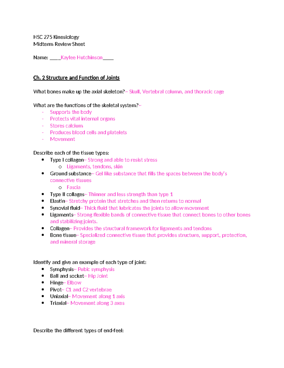 HSC 275 Kinesiology Midterm Review: Joints, Tissues & Movements - Studocu