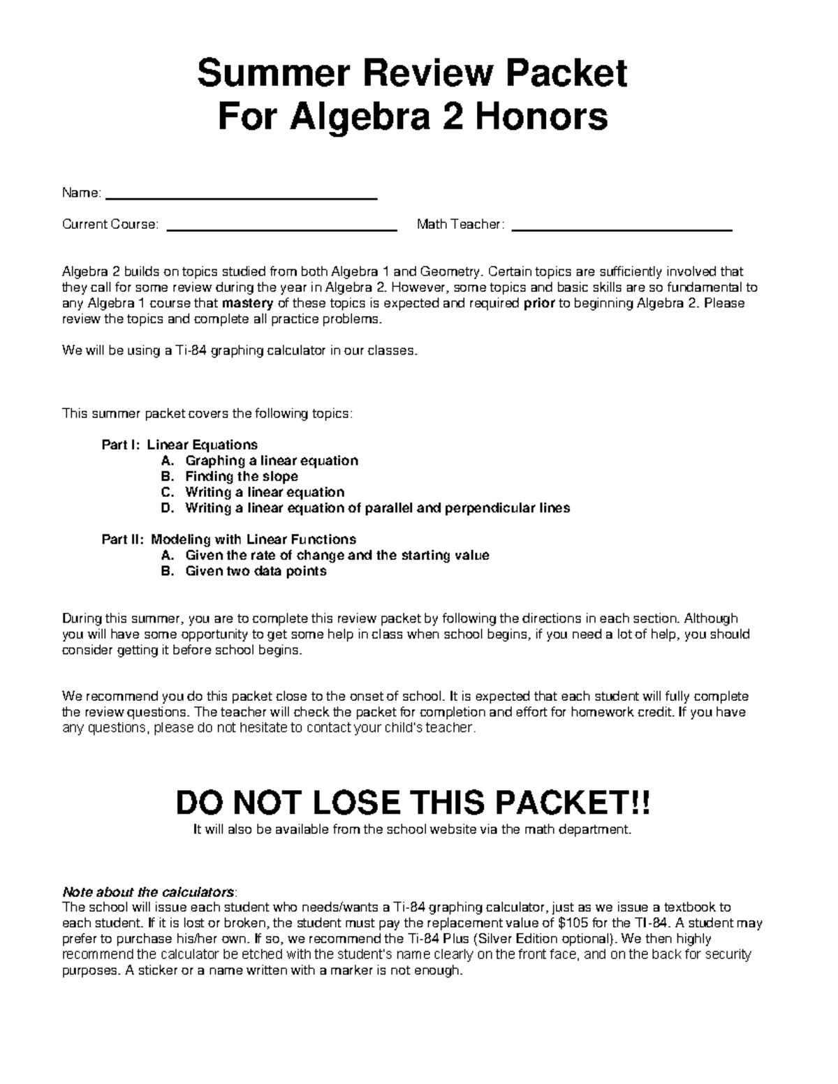 Algebra 2 Honors Summer Review Packet: Slope and Linear Equations - Studocu