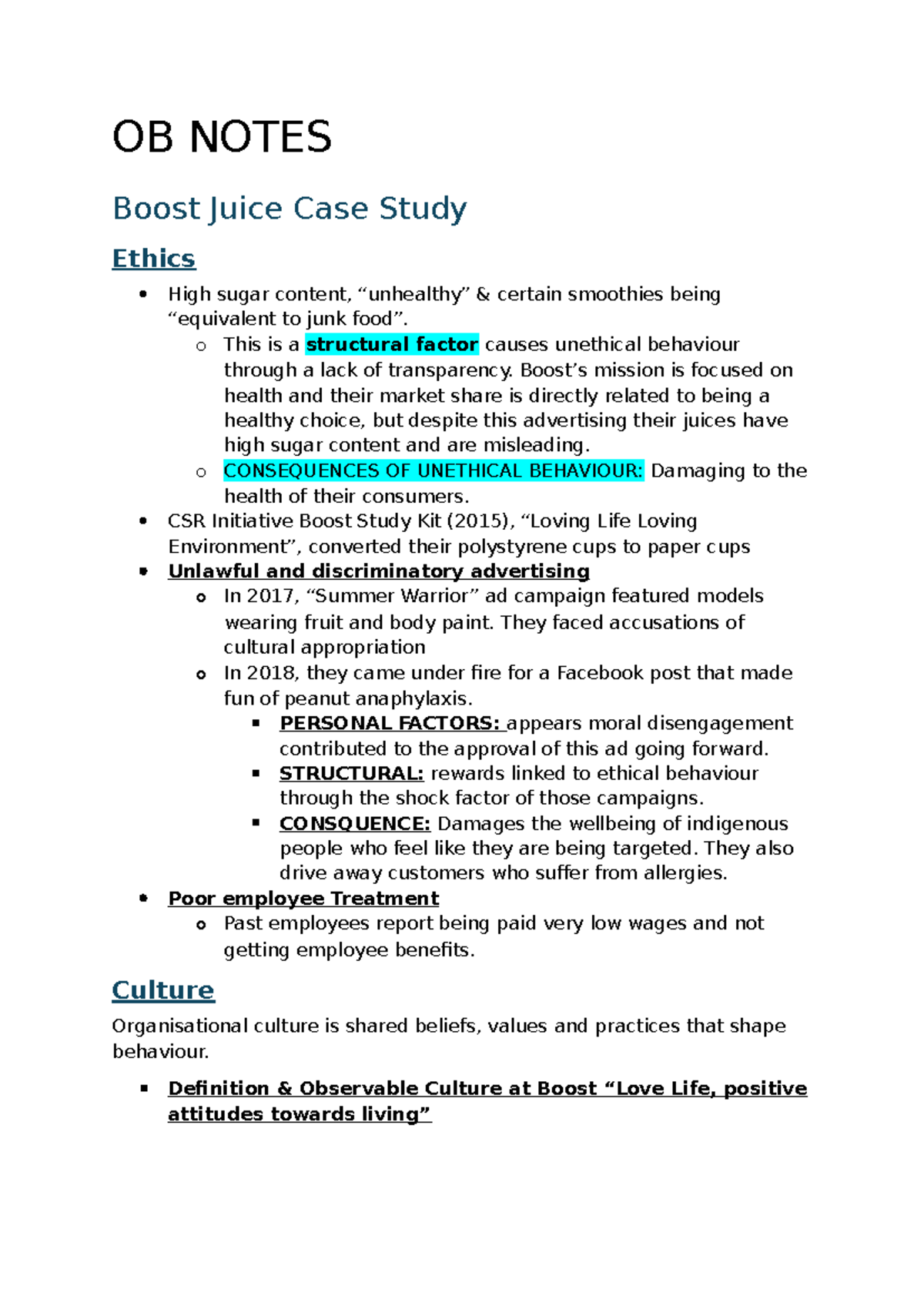 OB NOTES: Boost Juice Case Study on Ethics and Unethical Practices ...