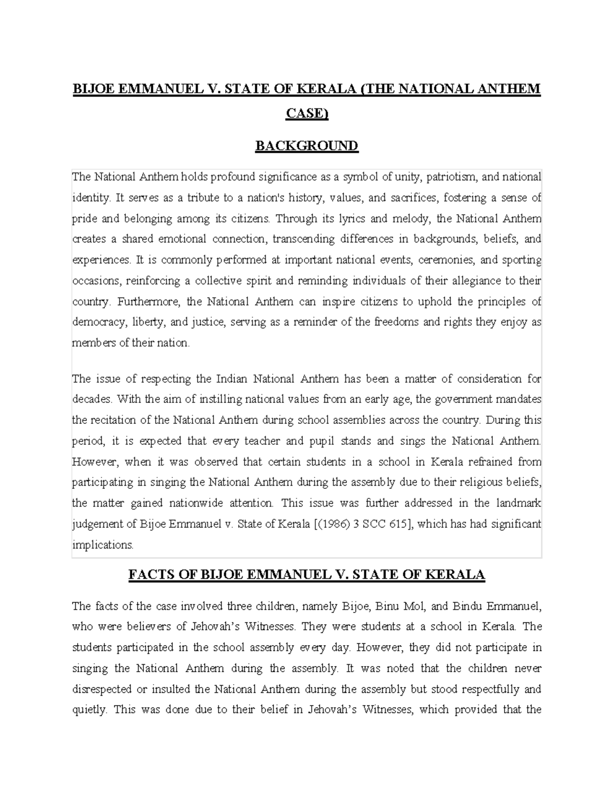 Bijoe Emmanuel v. State of Kerala: The National Anthem Case Analysis ...