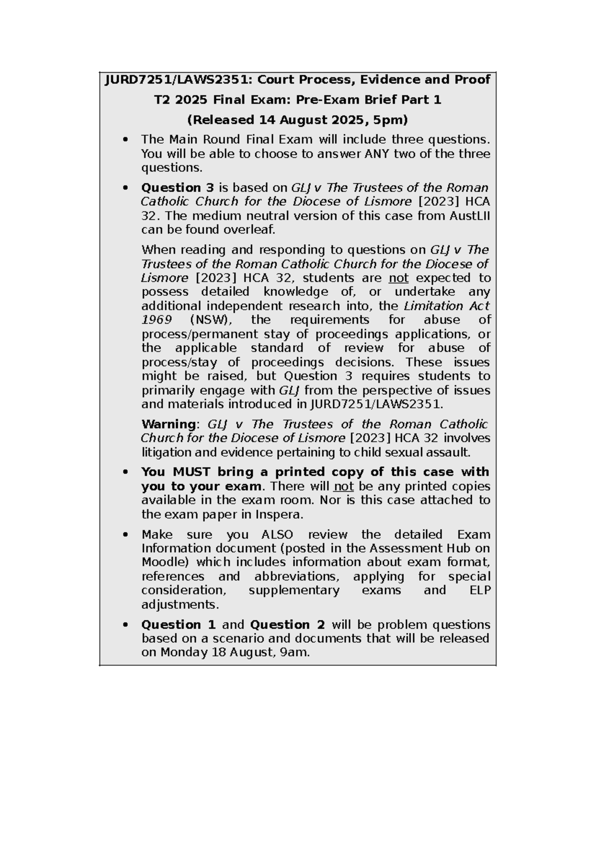 Court Process, Evidence & Proof T2 2025 Final Exam: Q3 Brief - Studocu