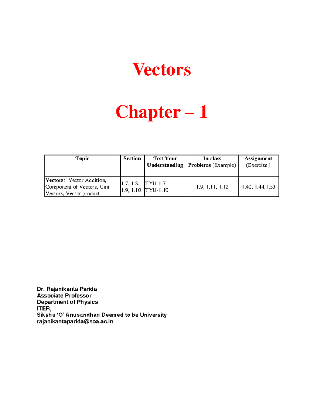 Chapter 1 Vectors R.K. Parida copy - Vectors Chapter – 1 Topic Section ...