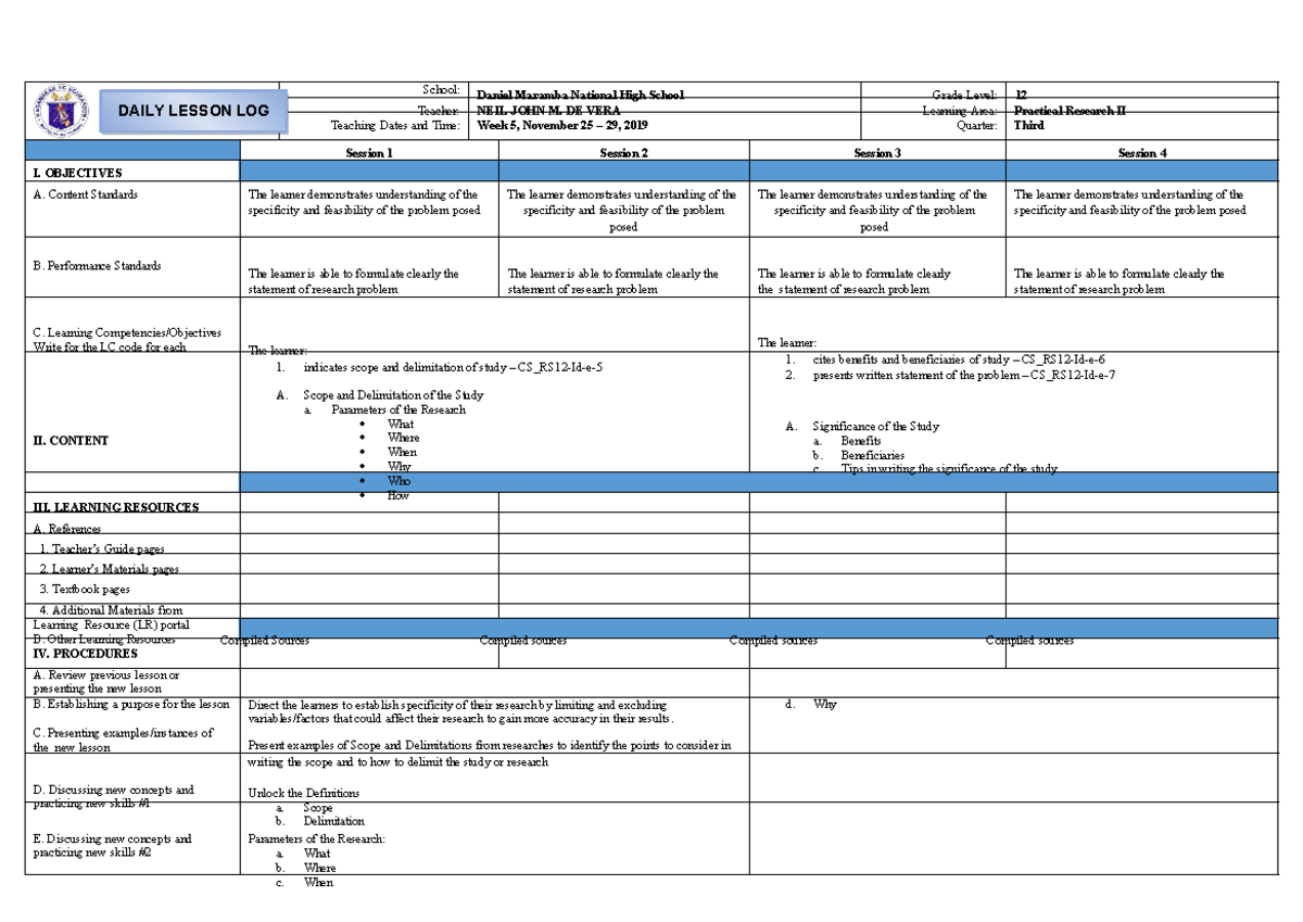 Practical Research II Daily Lesson Log (Week 5) - NEIL JOHN M. DE VERA - Studocu