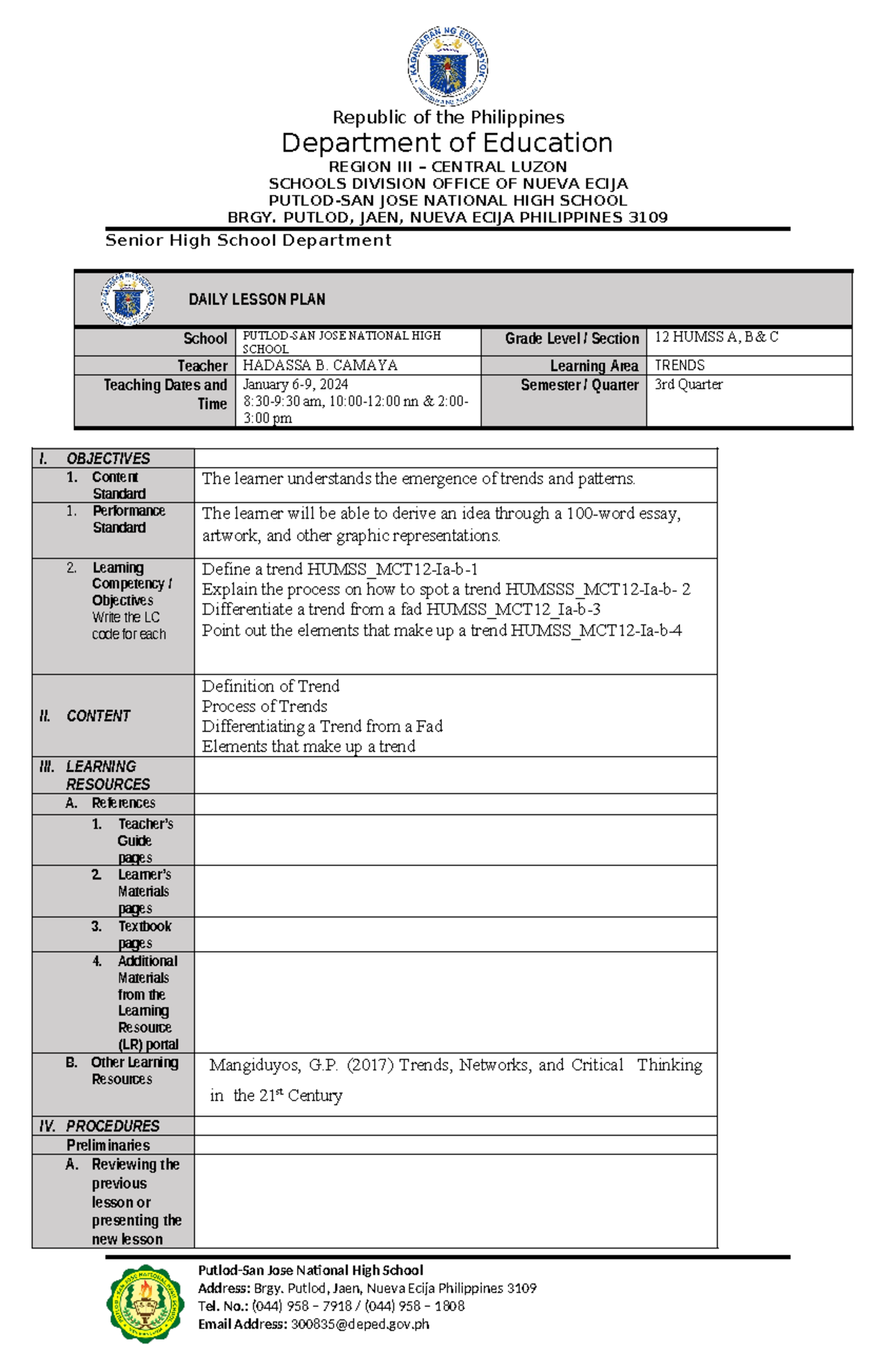 DLL Jan - Daily lesson log - Republic of the Philippines Department of ...