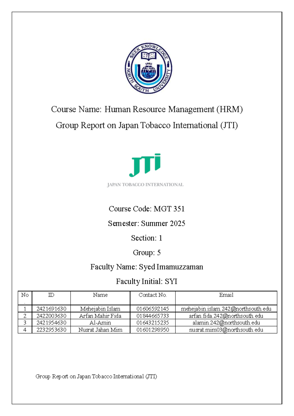 MGT 351 Group Report: HRM Practices at Japan Tobacco International (JTI ...