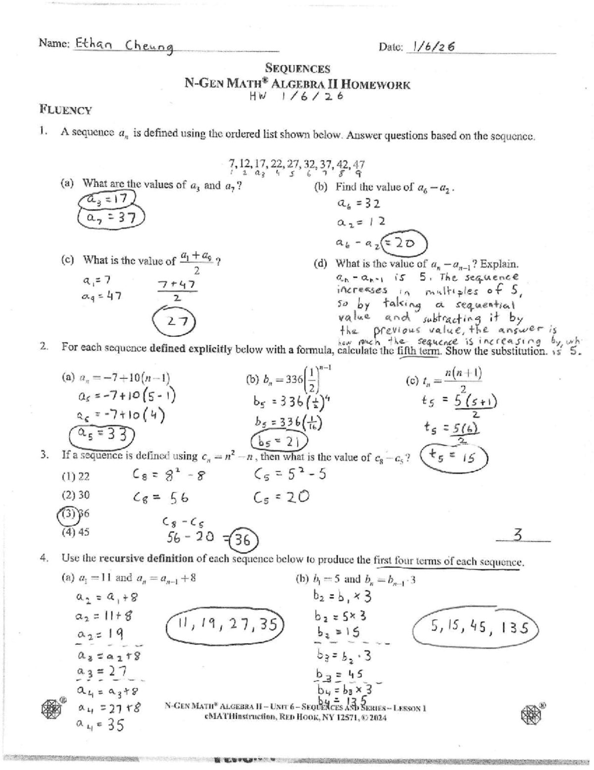 Algebra II Homework: Sequences Practice (HW 1.6.26) - Studocu