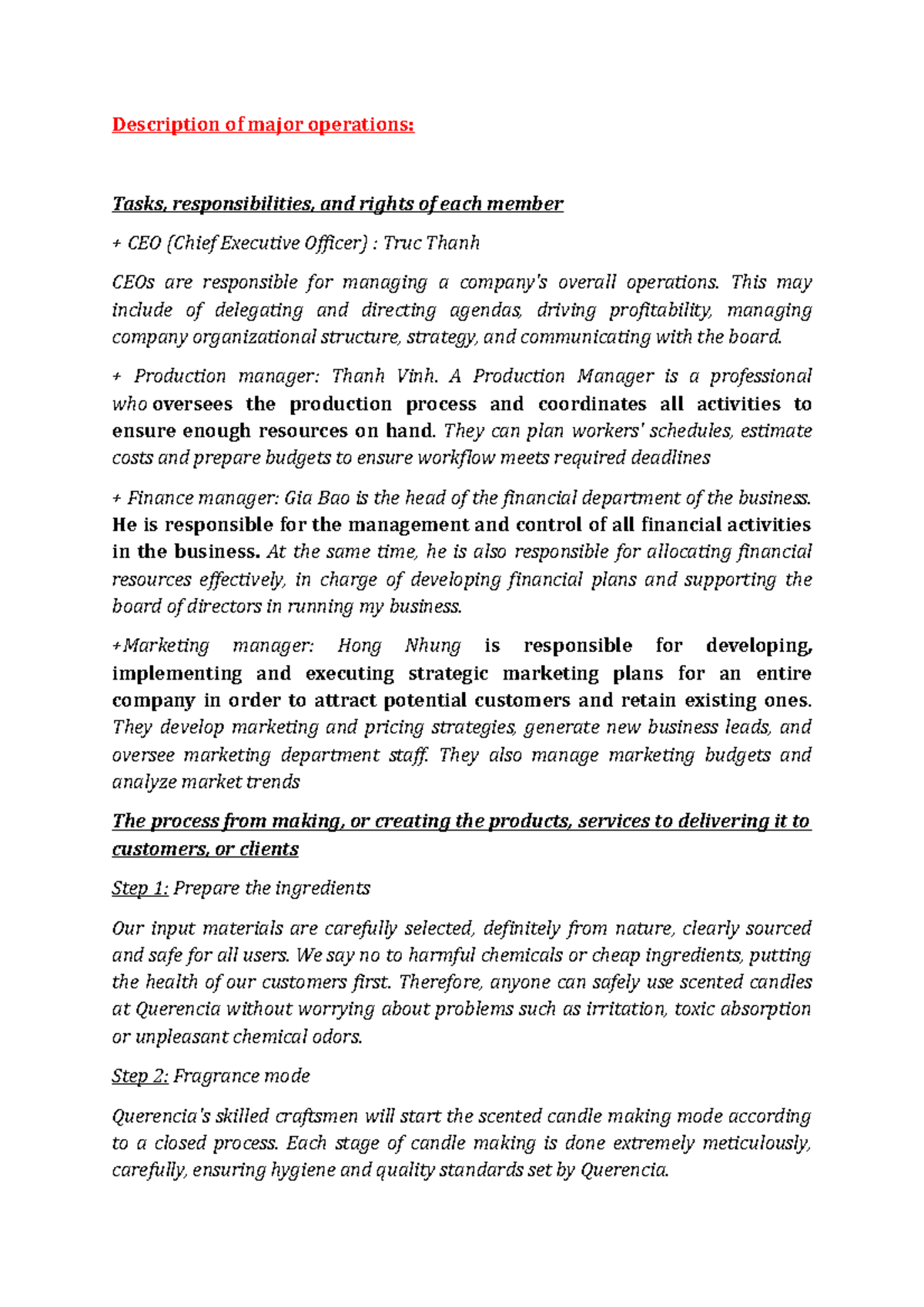 Description of major operations - Description of major operations ...
