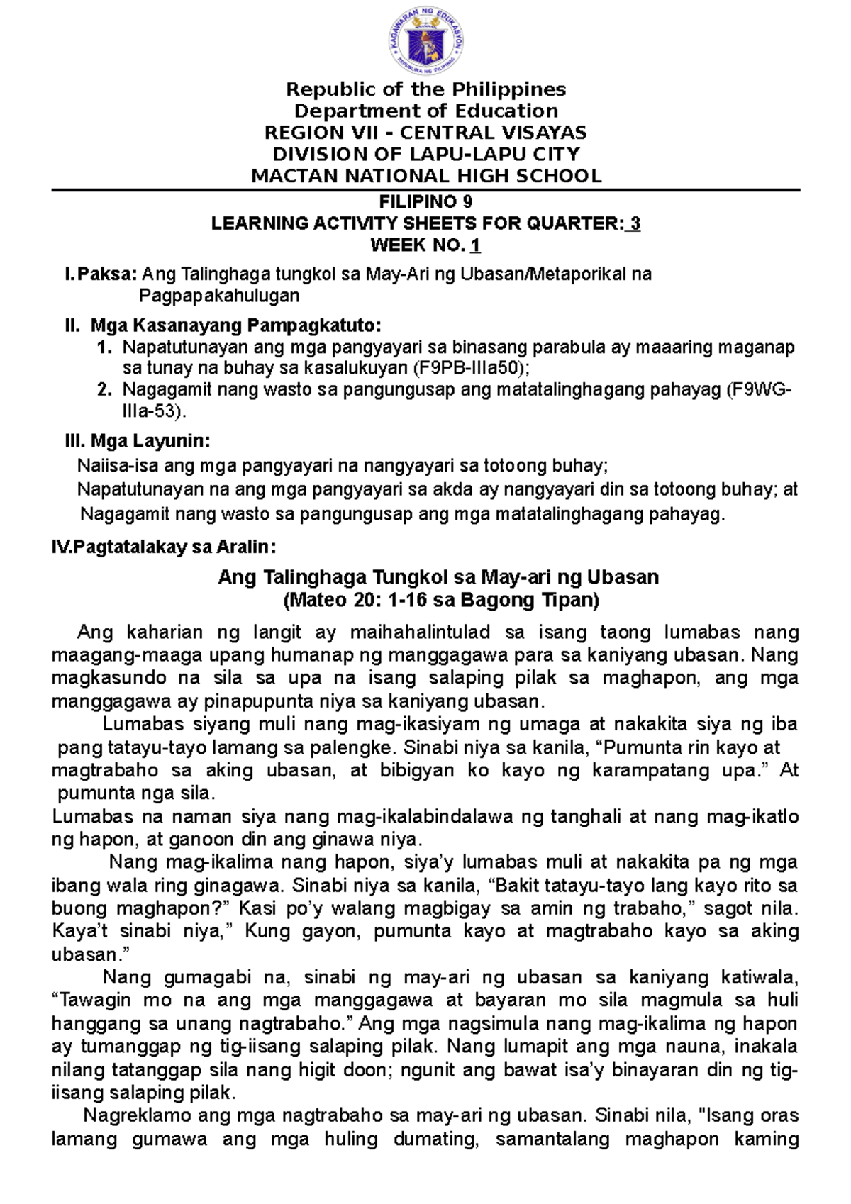 Filipino-9-Q3-W1 LAS - Lesson 1 3rd Quarter - Republic of the ...