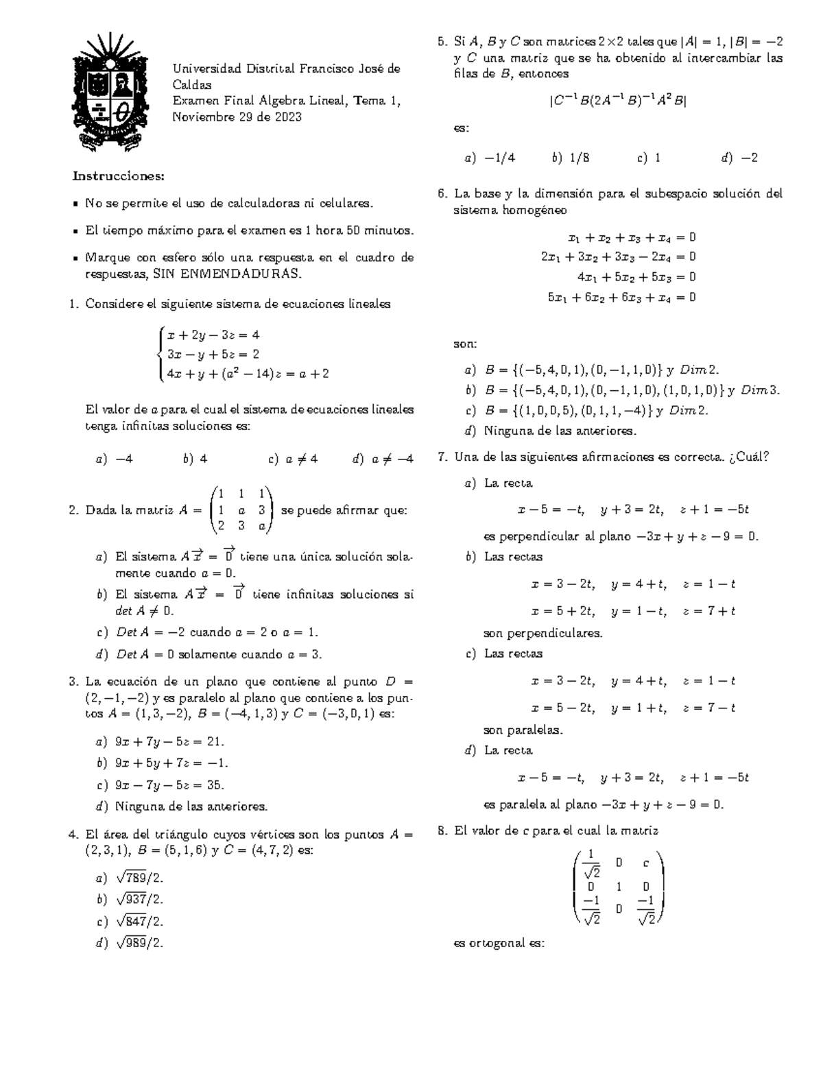 Examen Final ALIN 2023-3: Algebra Lineal, Noviembre 2023 - Studocu