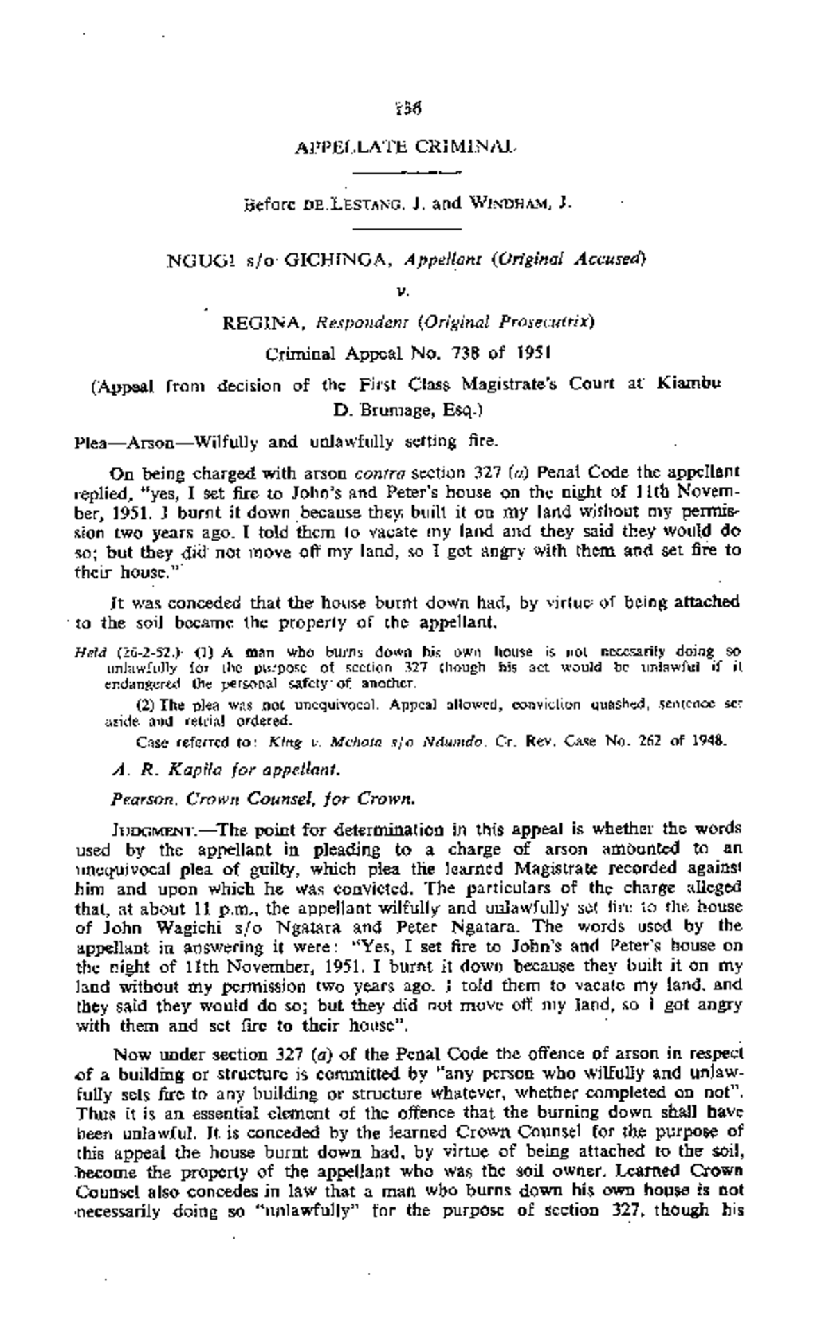 Gichinga v Regina: Criminal Appeal No. 738 of 1951 Analysis - Studocu